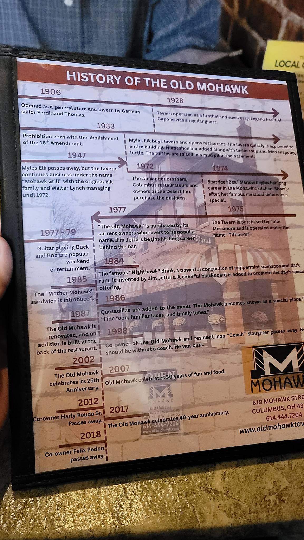 Menu at The Old Mohawk restaurant, Columbus