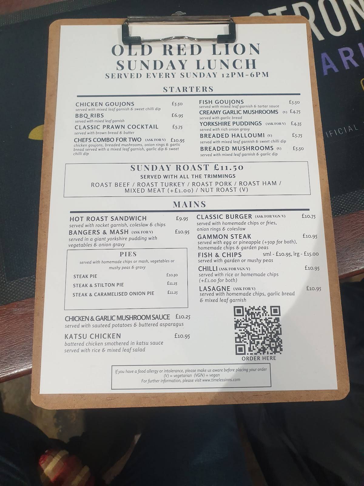 Menu at The Old Red Lion pub & bar, Sheffield
