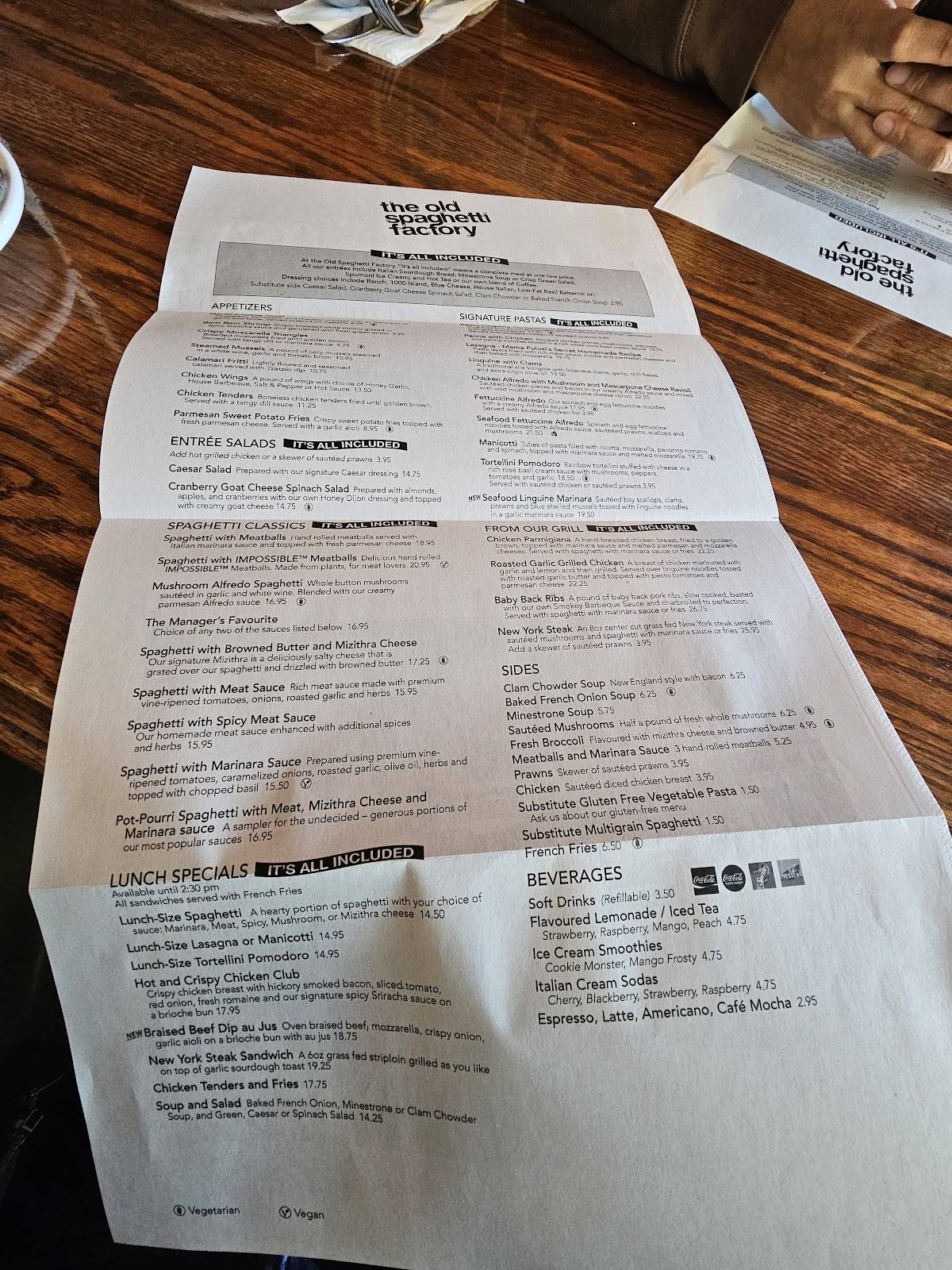 Menu at The Old Spaghetti Factory (Winnipeg) restaurant, Winnipeg