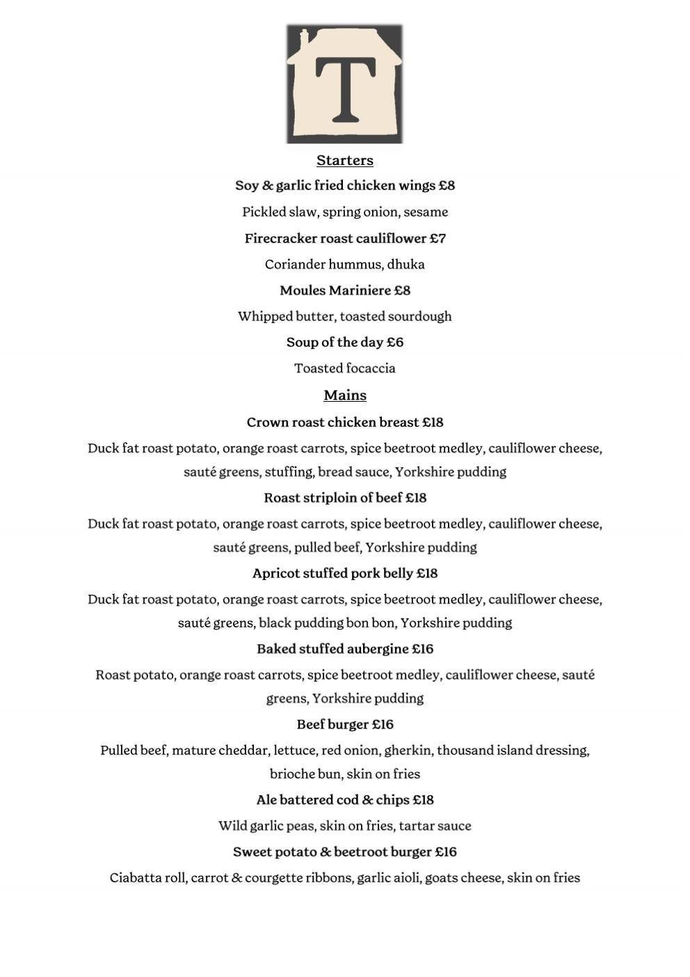 Menu at The Old Thatch Inn pub & bar, Cheriton Bishop