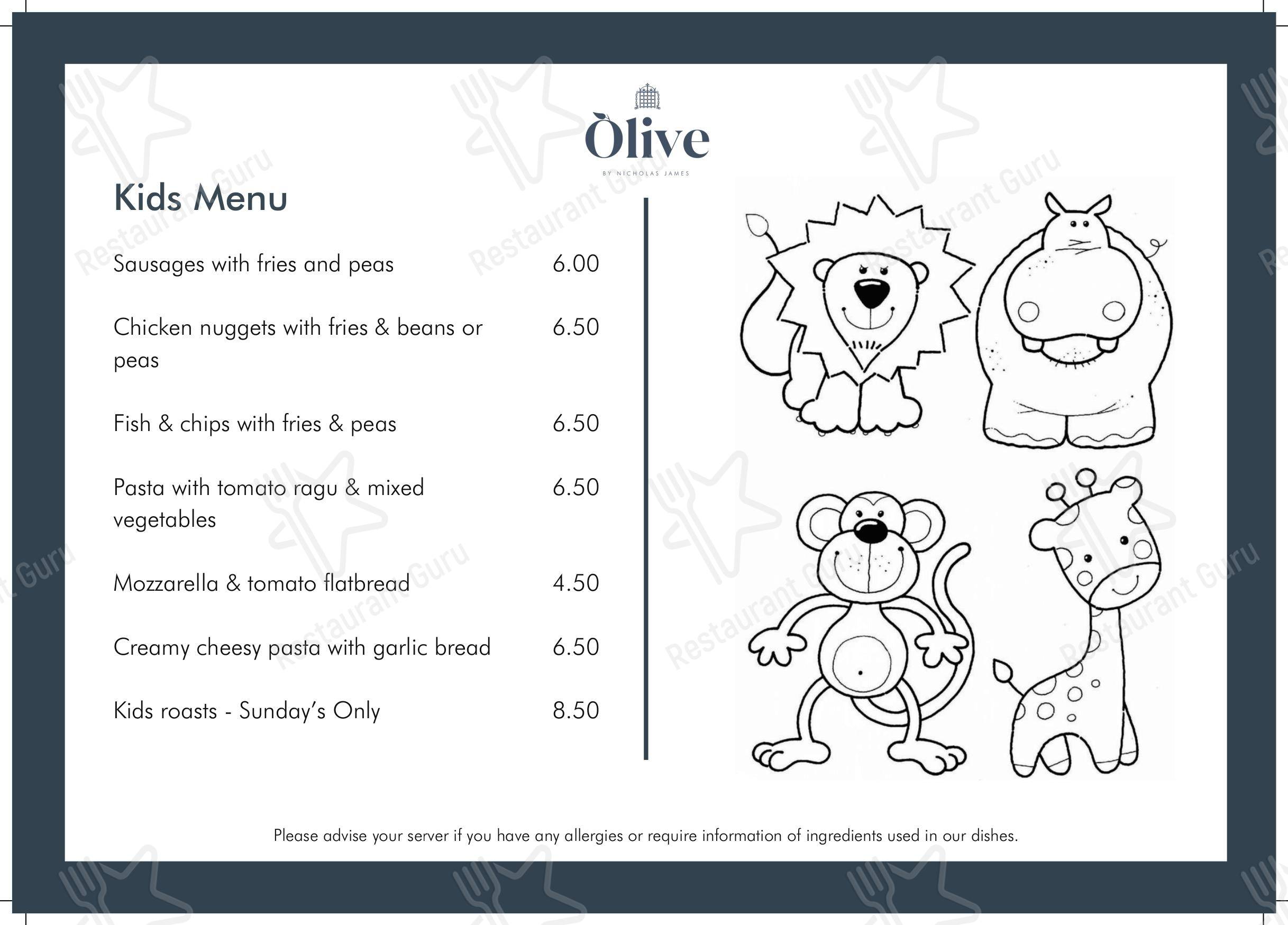 Menu at The Olive Tree pub & bar, Romsey, The Olive Trees