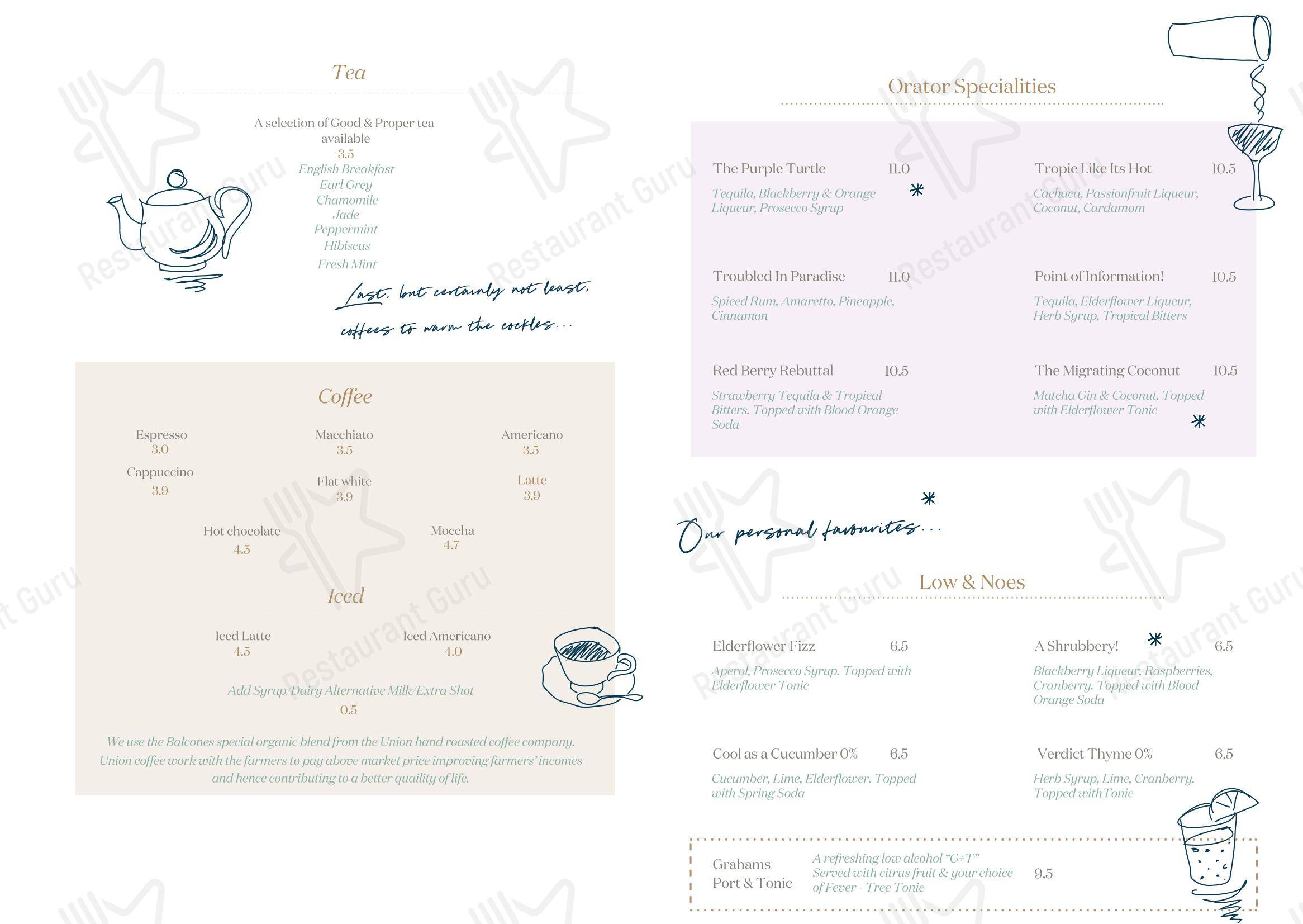 Menu at The Orator restaurant, Cambridge