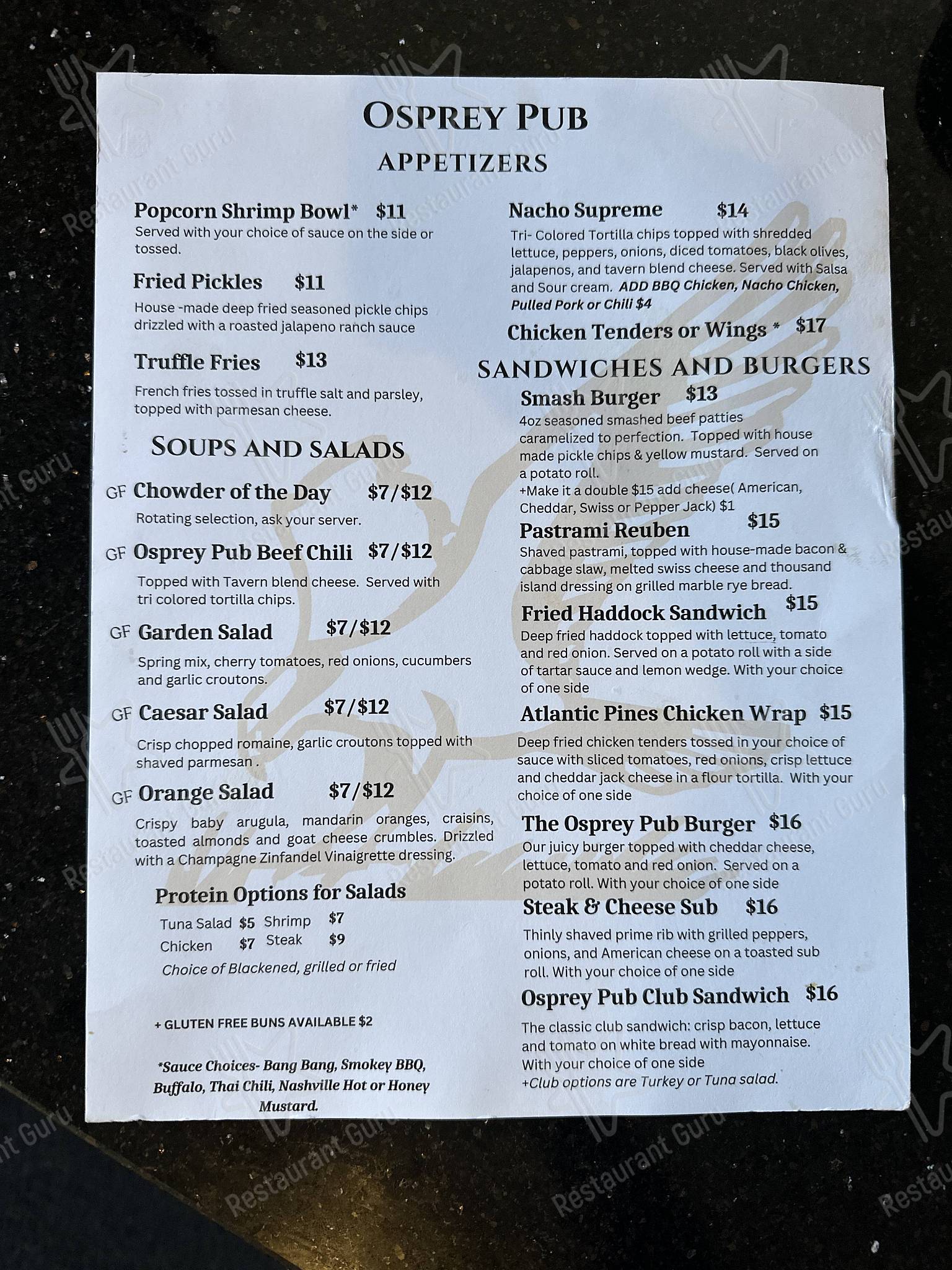 Menu at The Osprey Pub, Wells