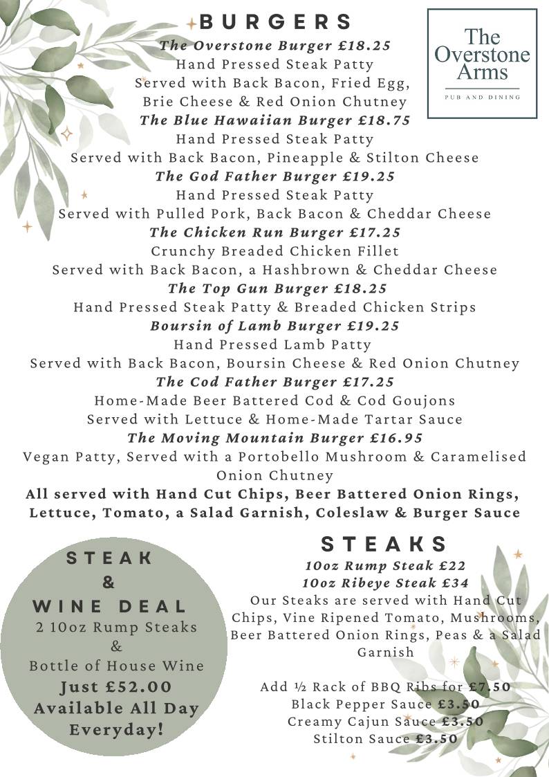 Menu at The Overstone Arms Pub and Dining, Kettering