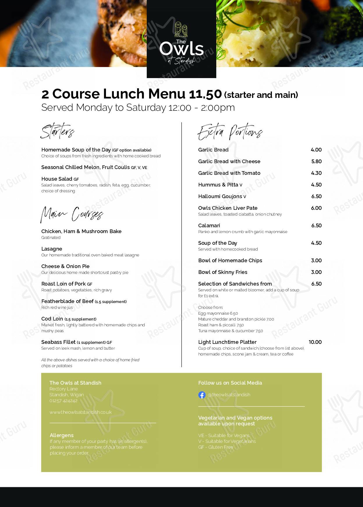 Menu at The Owls at Standish pub & bar, Wigan