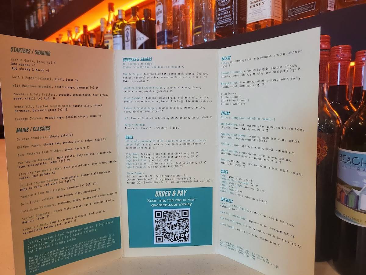 Menu at The Ox restaurant, Oxley
