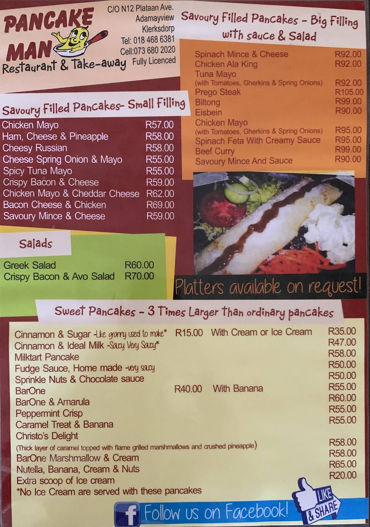 Menu at The Pancake Man restaurant, Klerksdorp