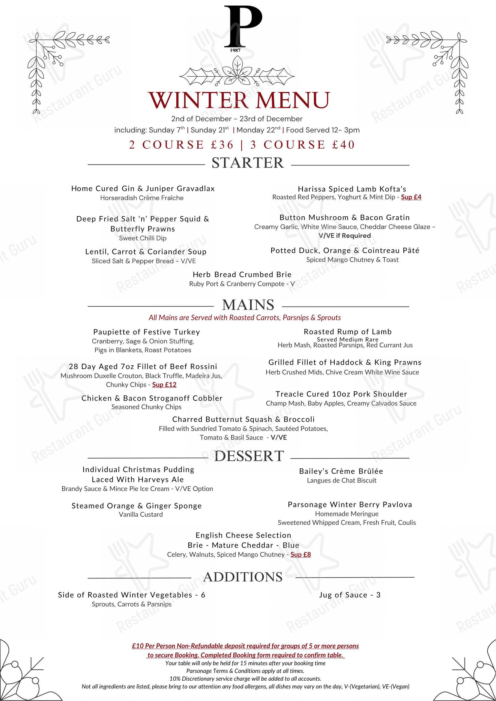 Menu at The Parsonage restaurant, Worthing