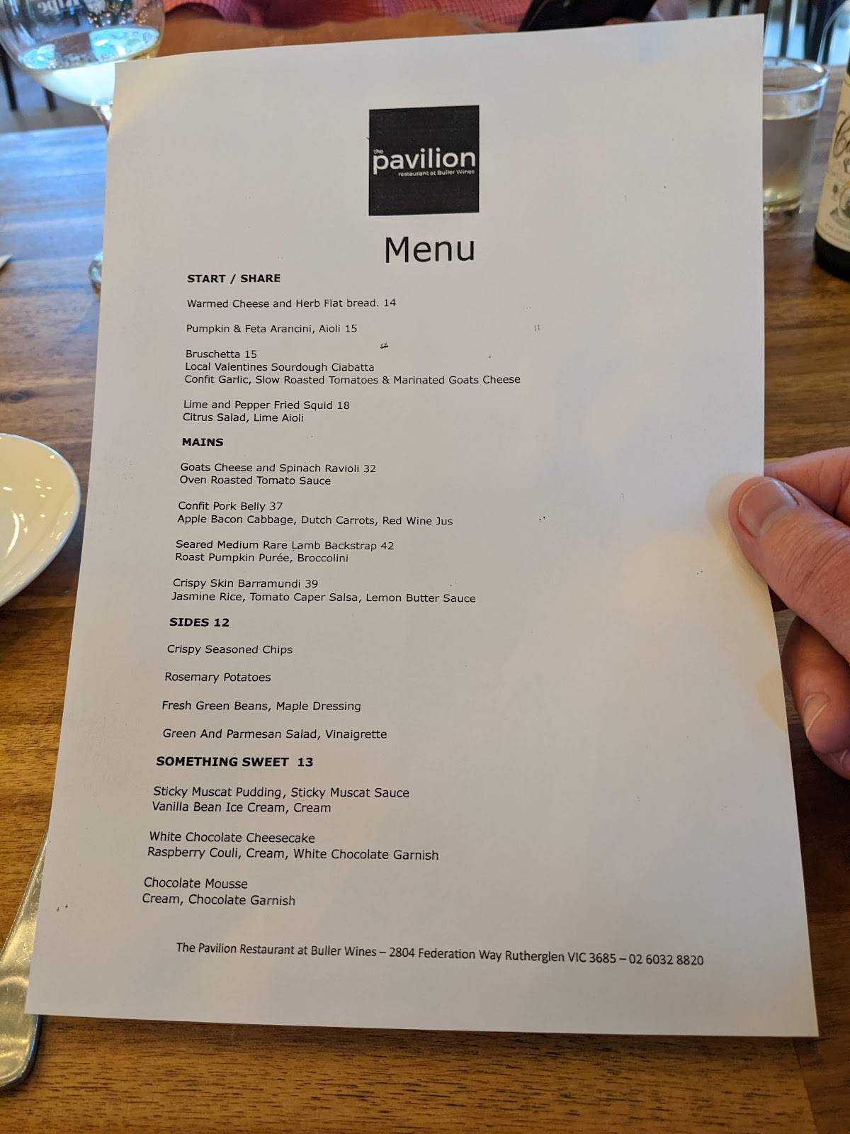 Menu at The Pavilion Restaurant at Buller Wines, Rutherglen