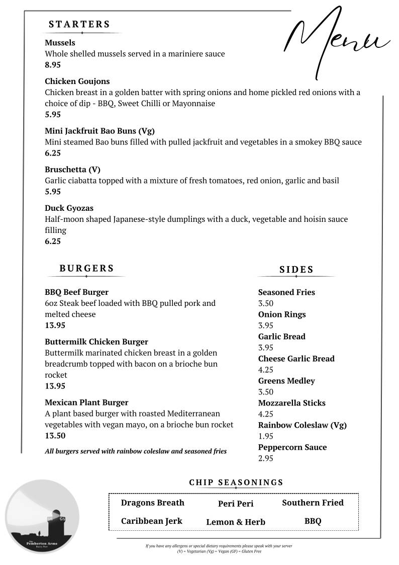 Menu at The Pemberton Arms pub & bar, Burry Port