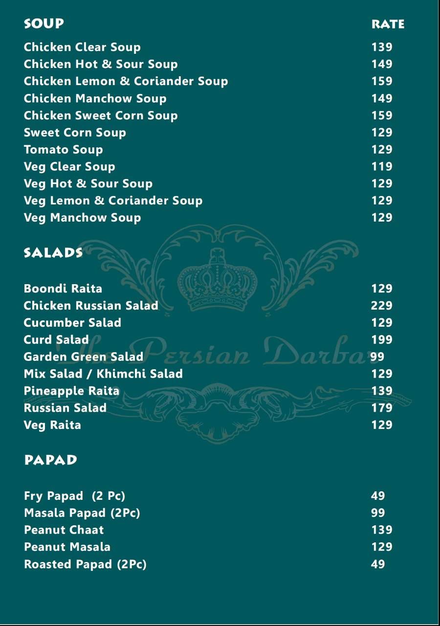 Menu at The Persian Darbar, Bhopal