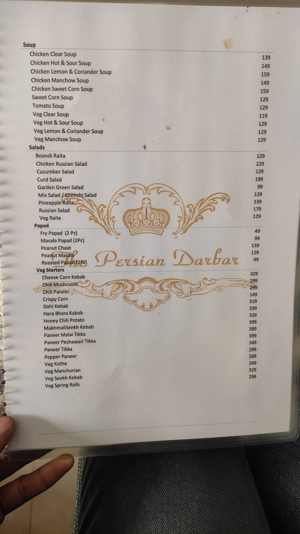 Menu at The Persian Darbar, Bhopal