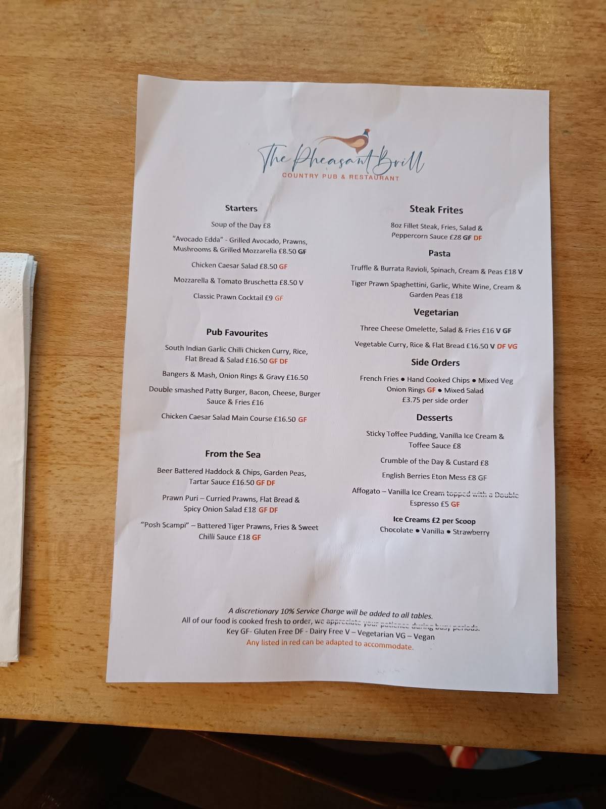 Menu at The Pheasant pub & bar, Brill