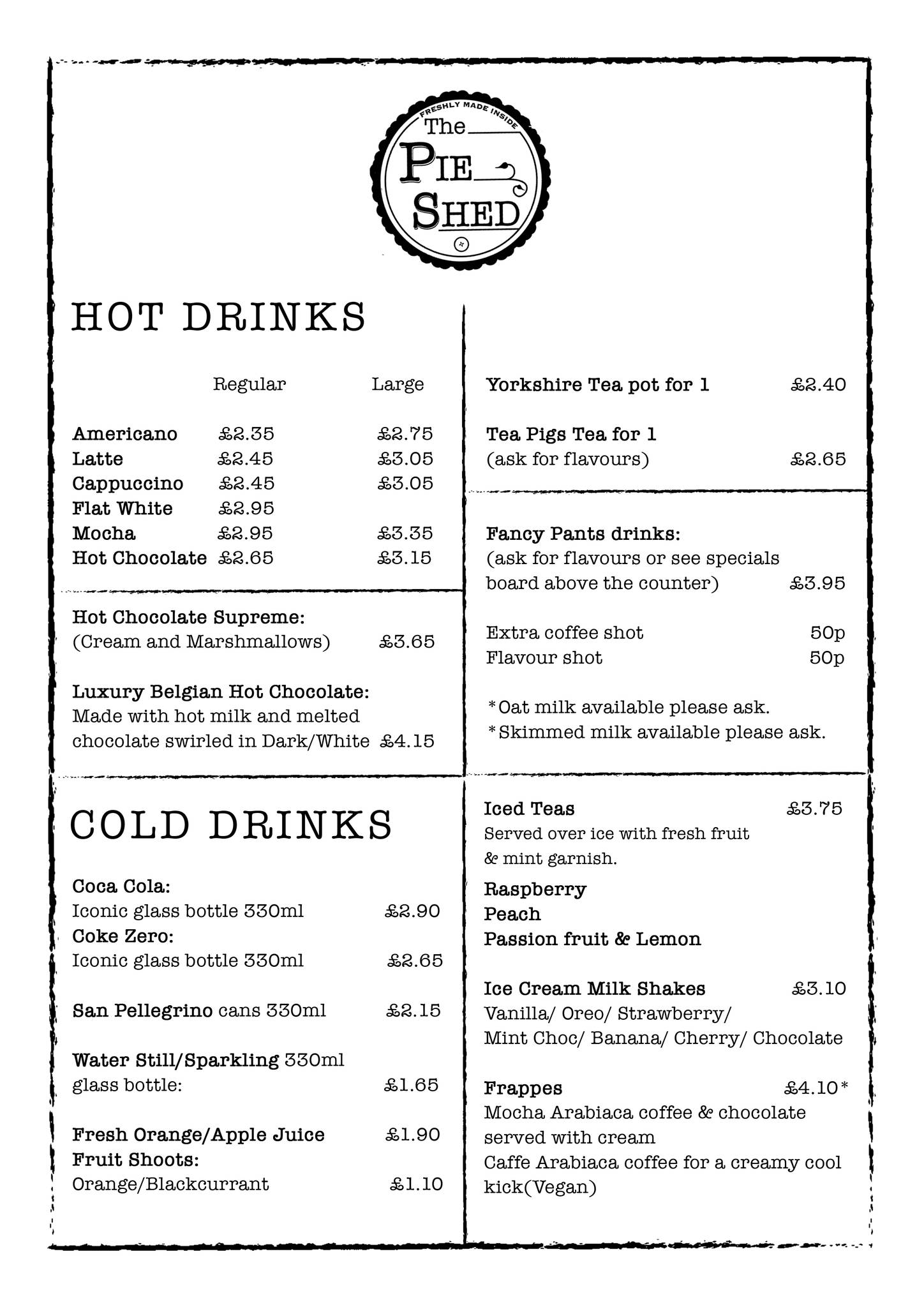 Menu at The Pie Shed Mirfield cafe, Mirfield