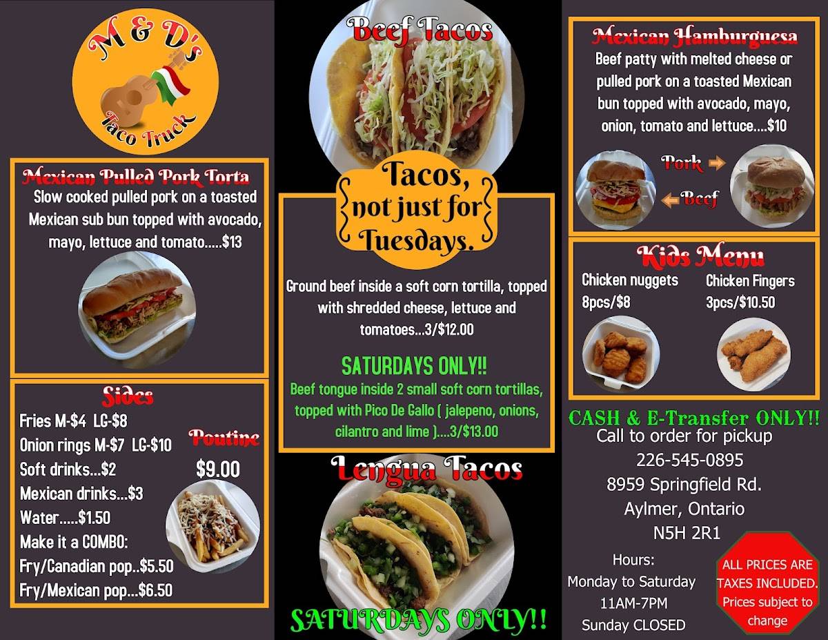 Menu at The Pier M & D's Taco Shack restaurant, Canada