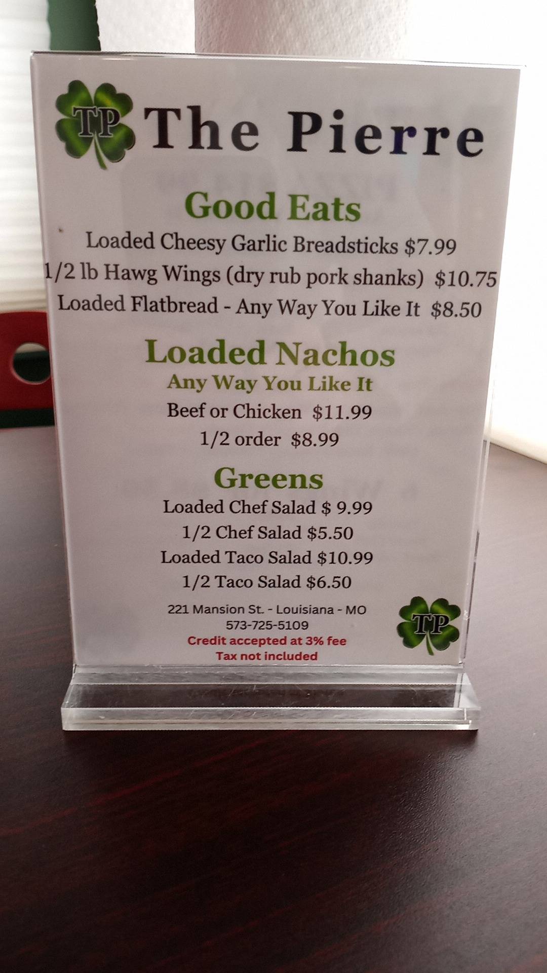Menu at The Pierre restaurant, Louisiana
