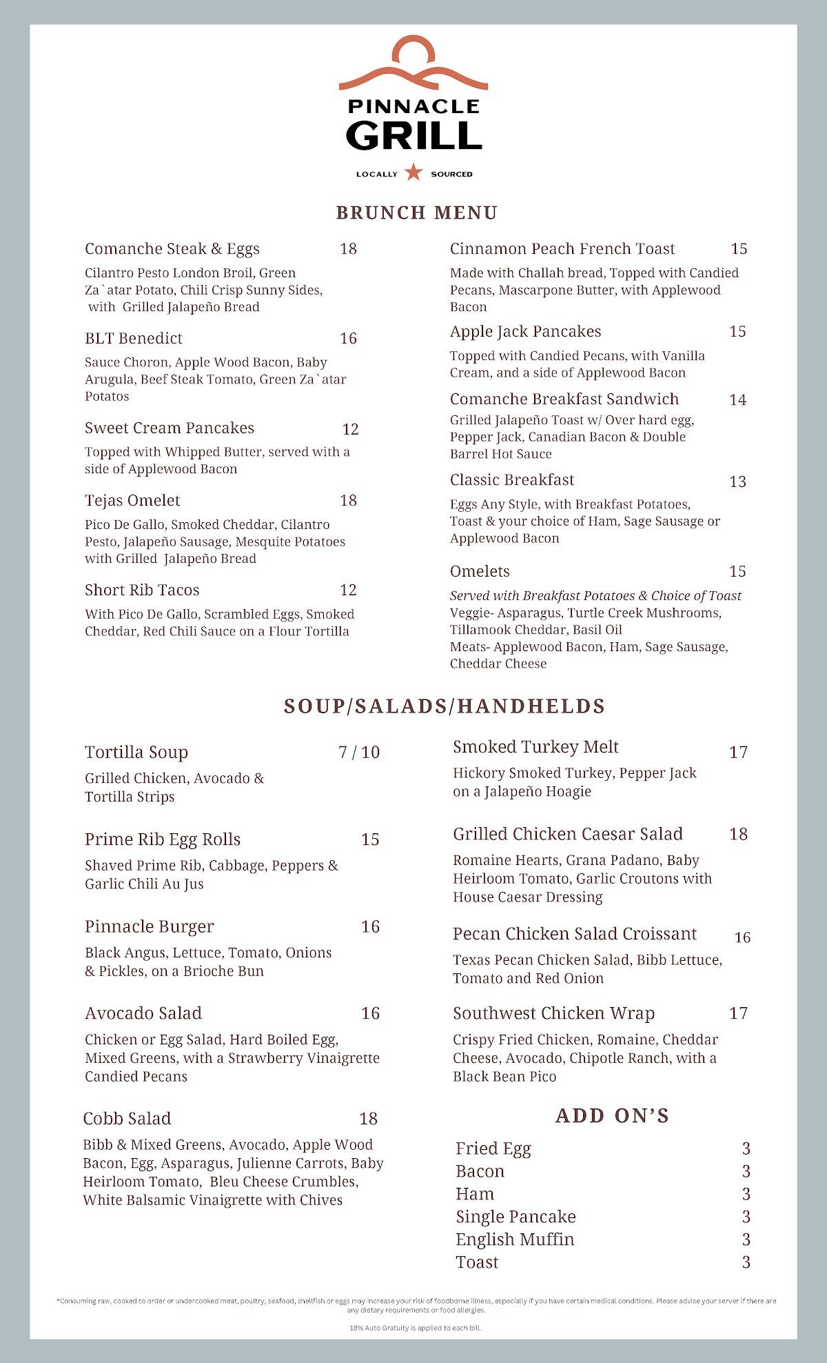 Menu at The Pinnacle Grill & Chophouse restaurant, Kerrville