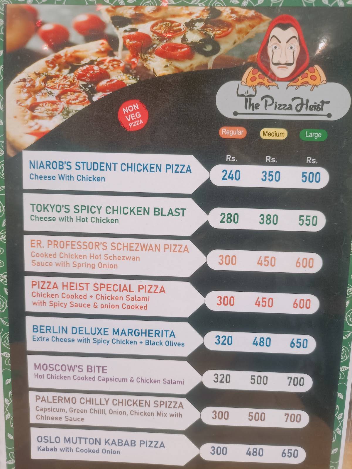 Menu at The Pizza Heist, India, Bhutto chowk