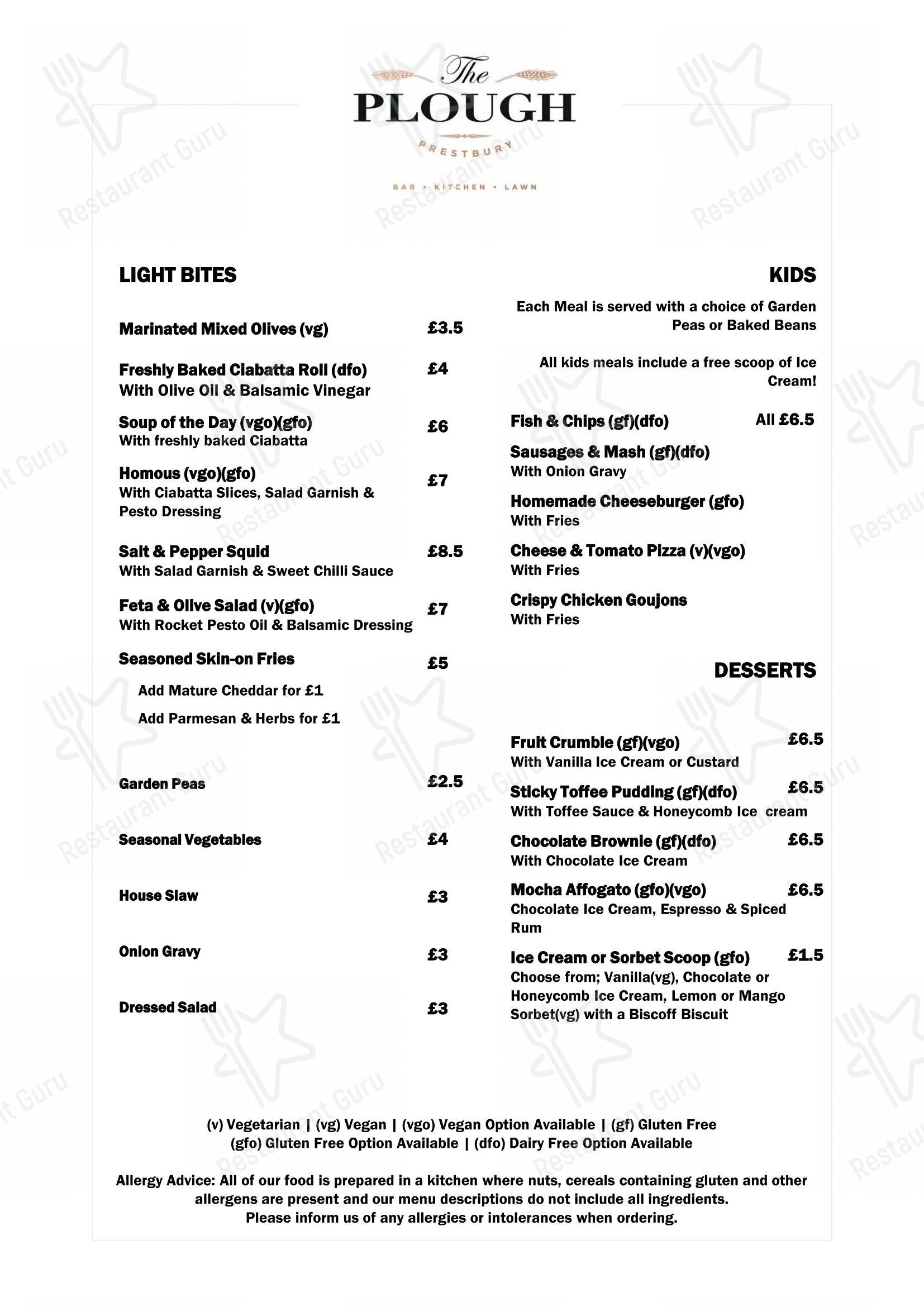Menu at The Plough Inn Prestbury pub & bar, Cheltenham