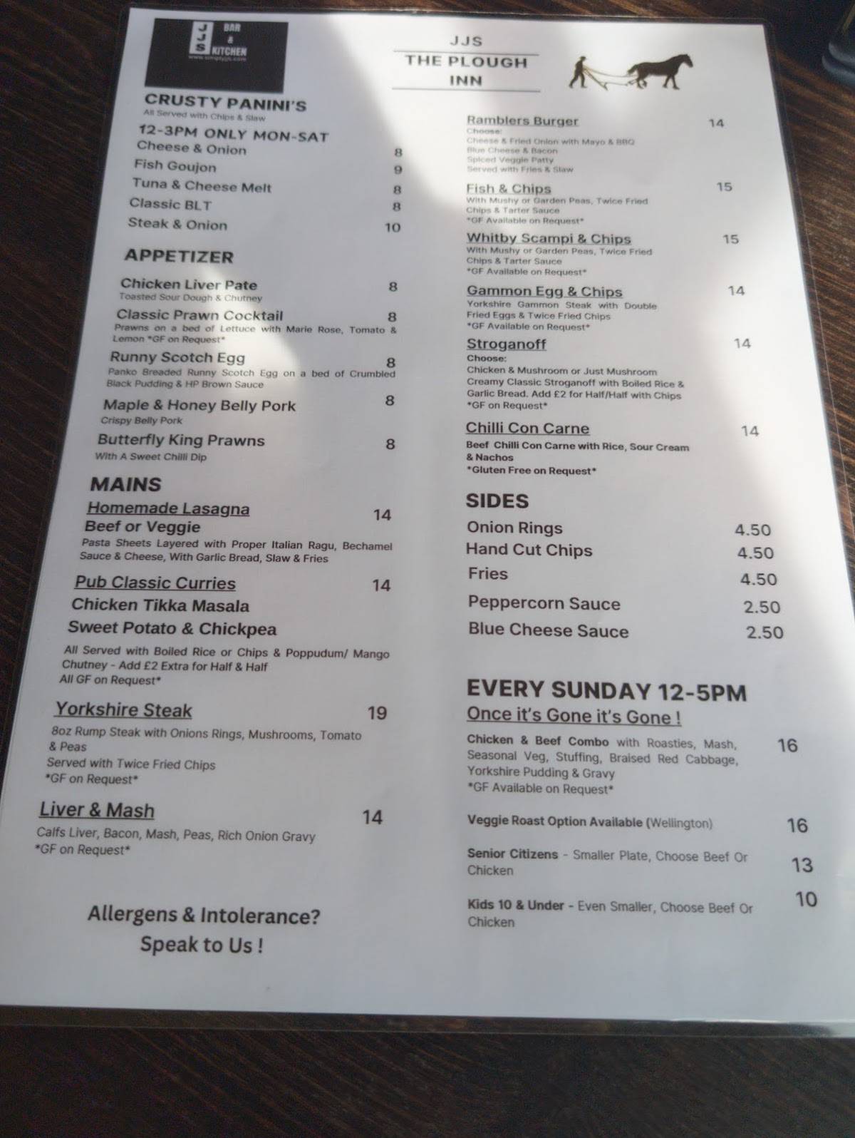 Menu at The Plough Inn pub & bar, Allerthorpe, Main St