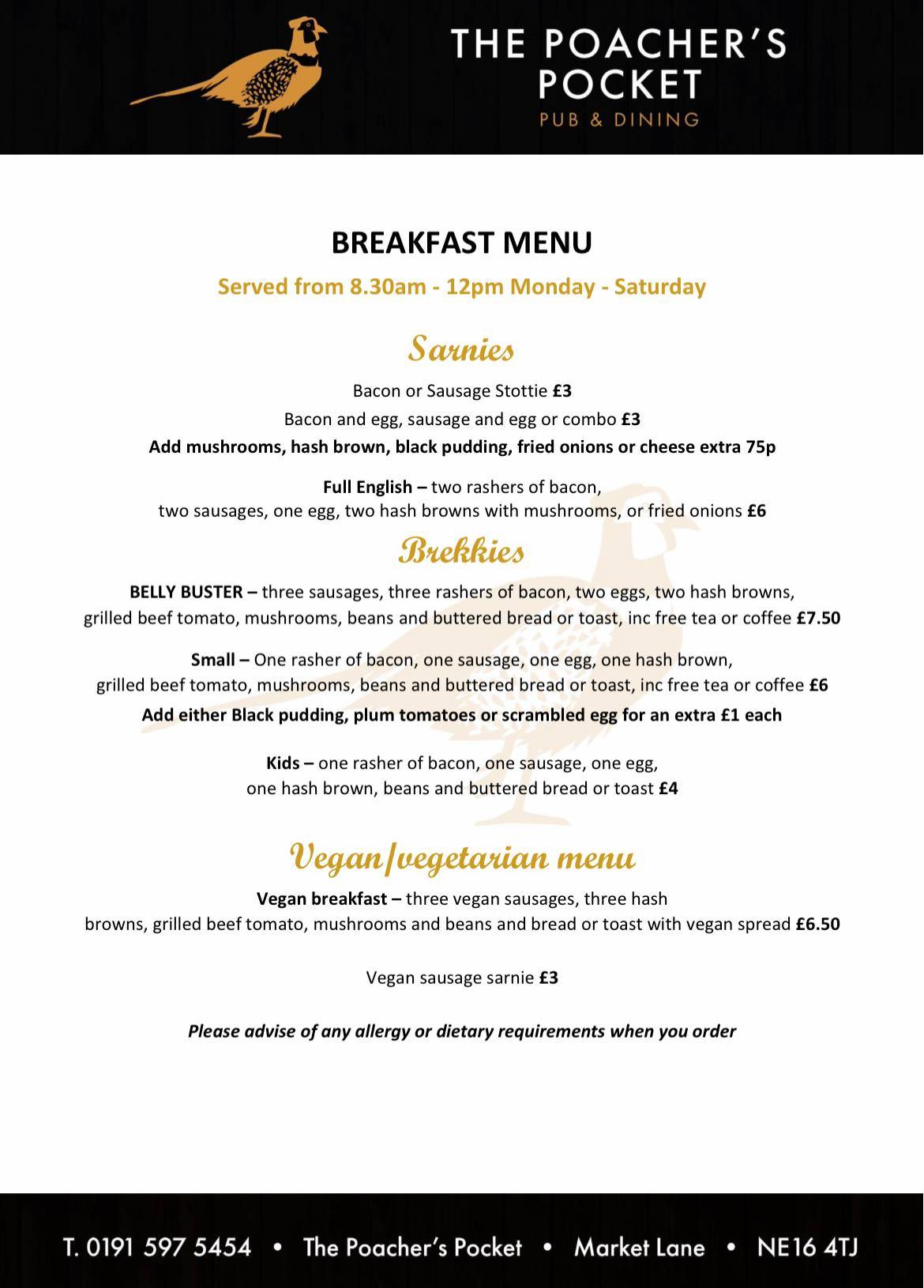 Menu at The Poachers Pocket pub & bar, Gateshead