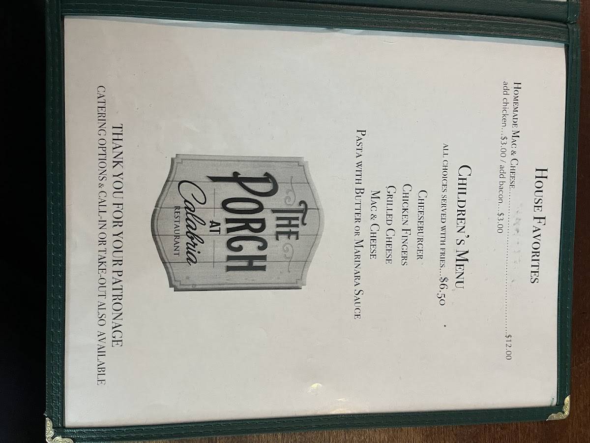 Menu at The Porch at Calabria pub & bar, Orangeburg