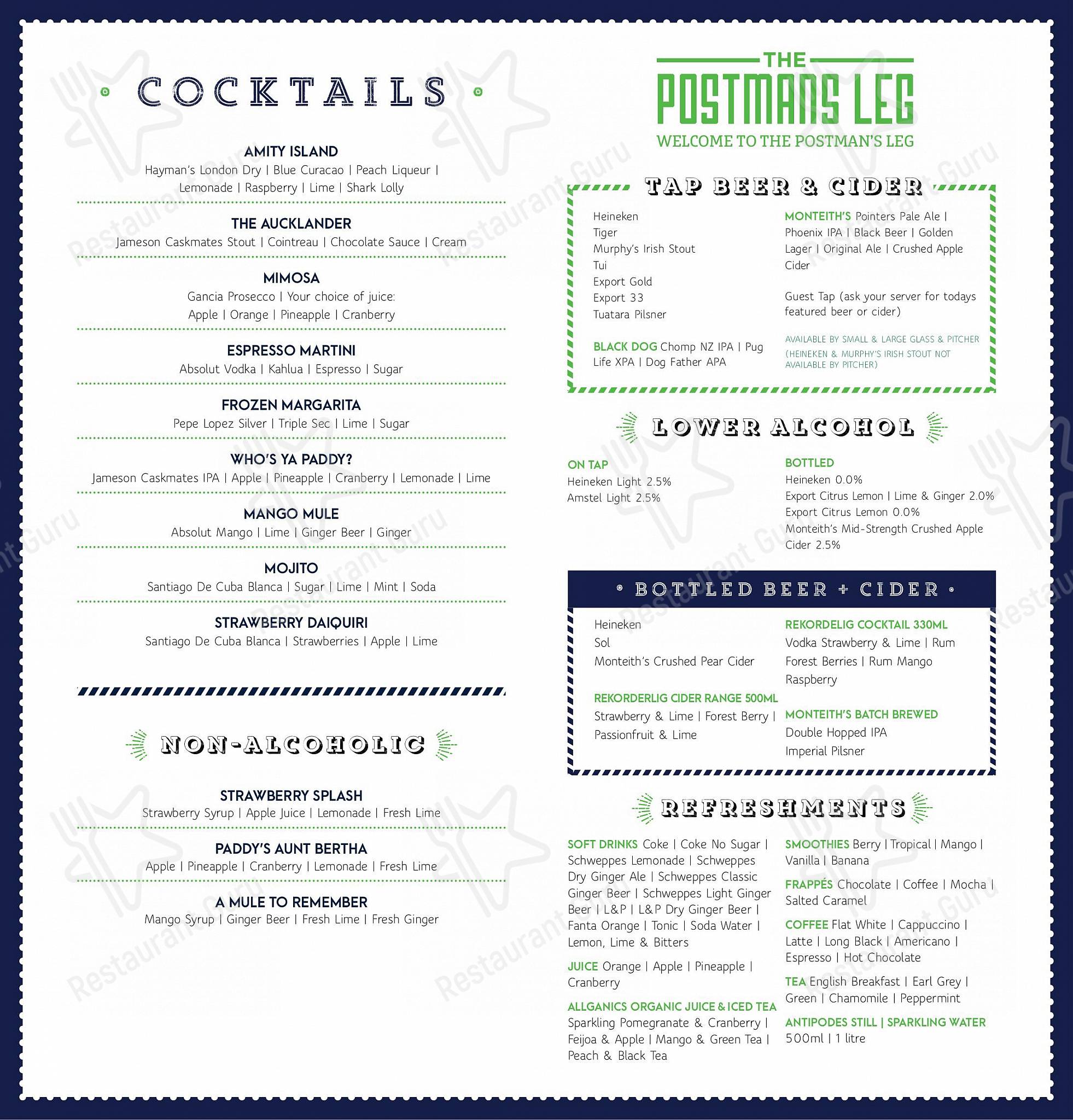 Menu at The Postman's Leg pub & bar, Auckland