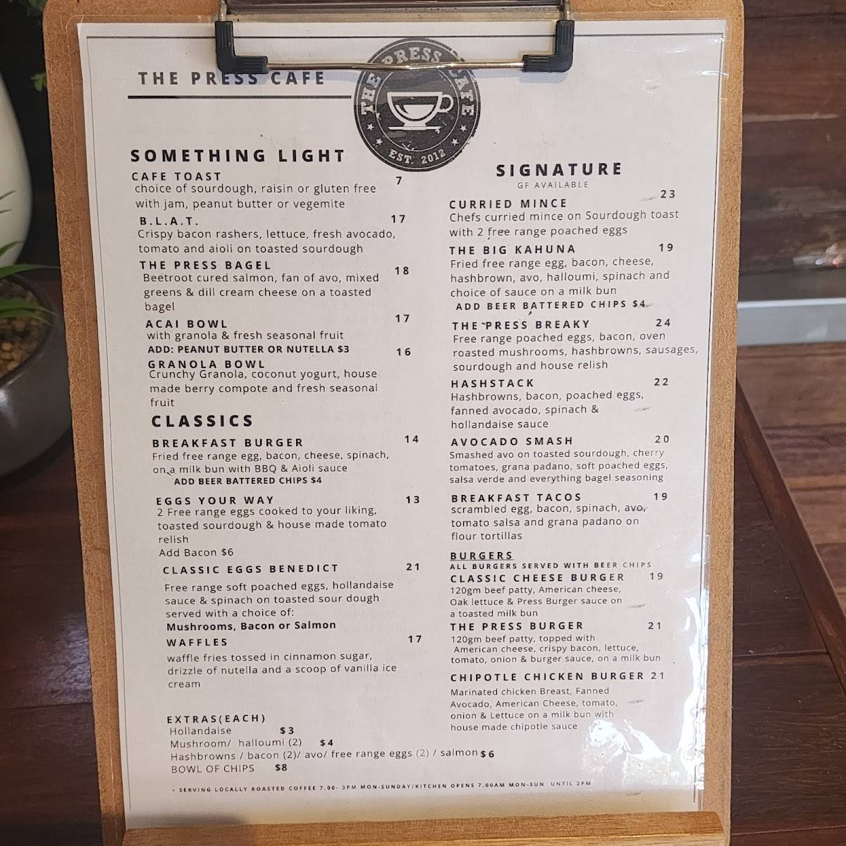 Menu at The Press Cafe, Gold Coast