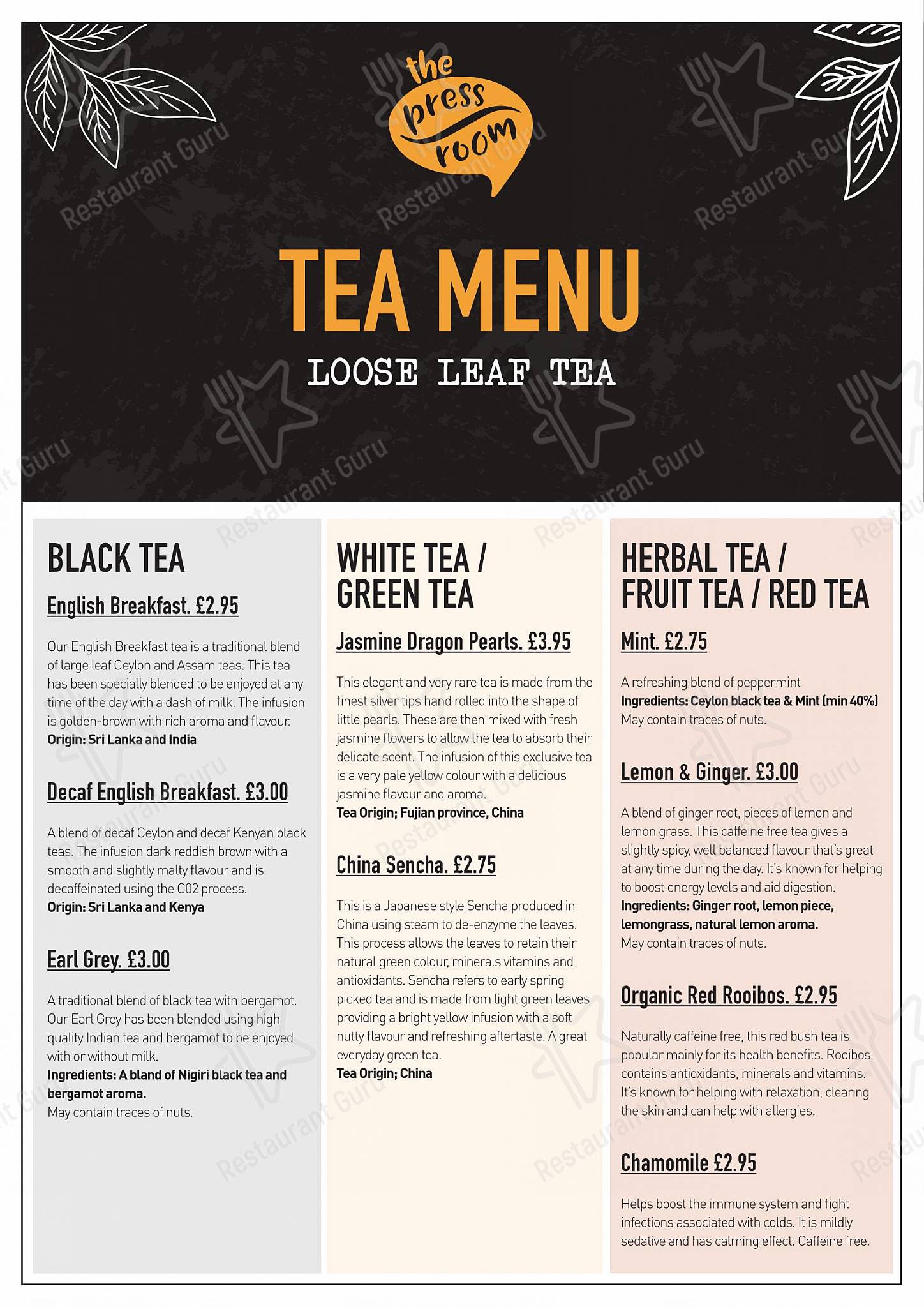 Menu at The Press Room cafe, Surbiton, 5 Claremont Rd