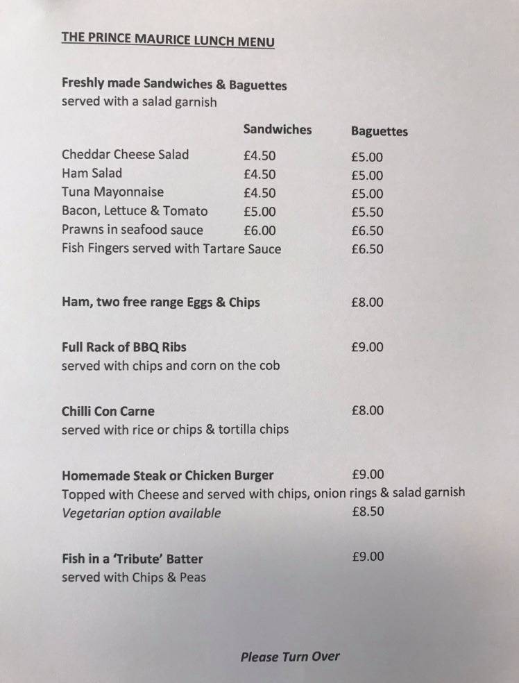 Menu at The Prince Maurice pub & bar, Plymouth