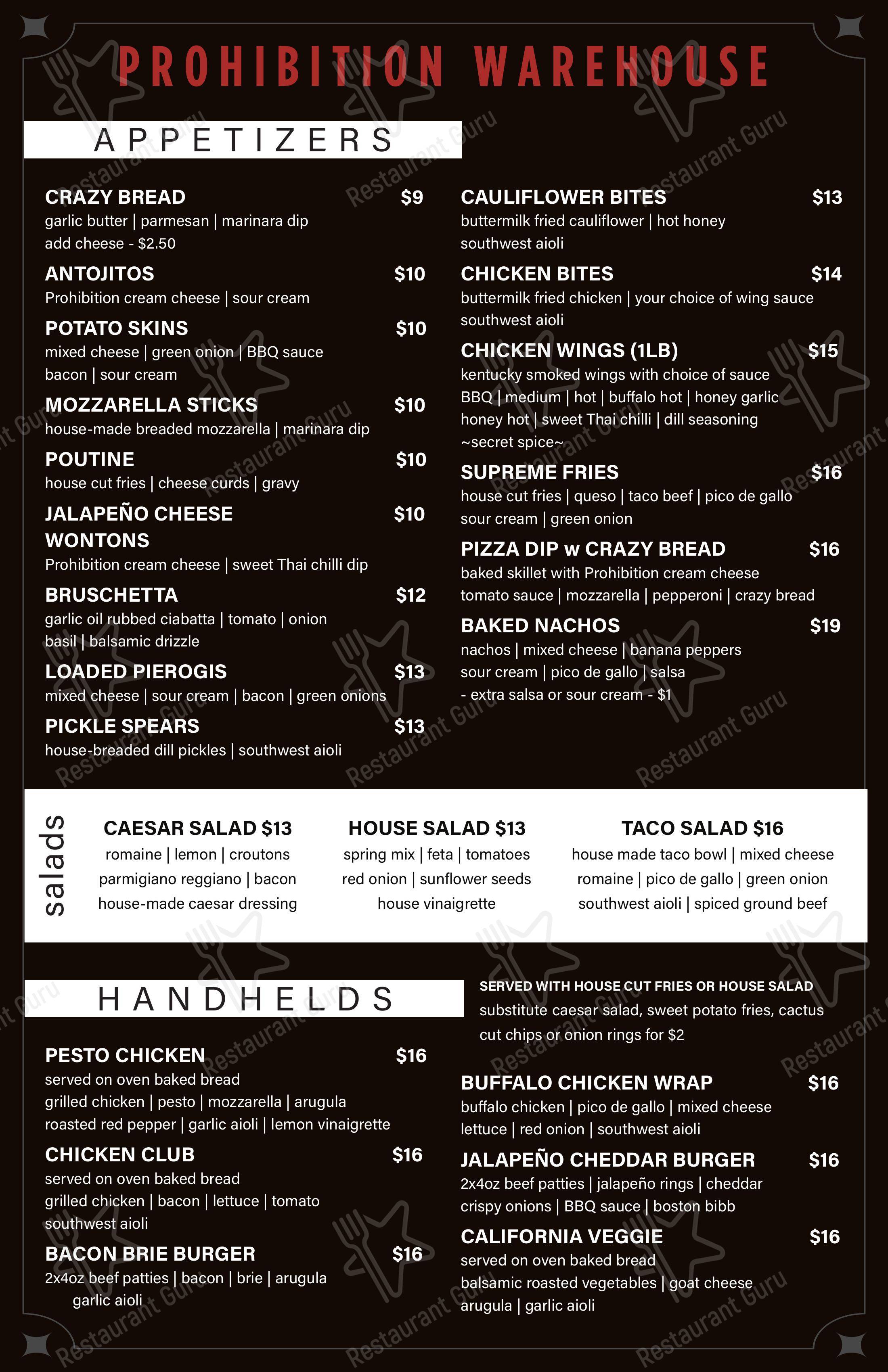 Menu at The Prohibition Warehouse pub & bar, Waterloo