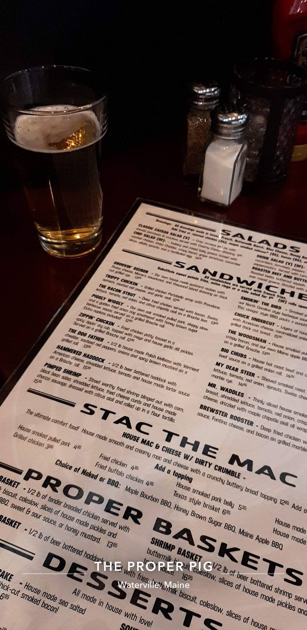 Menu at The Proper Pig pub & bar, Waterville