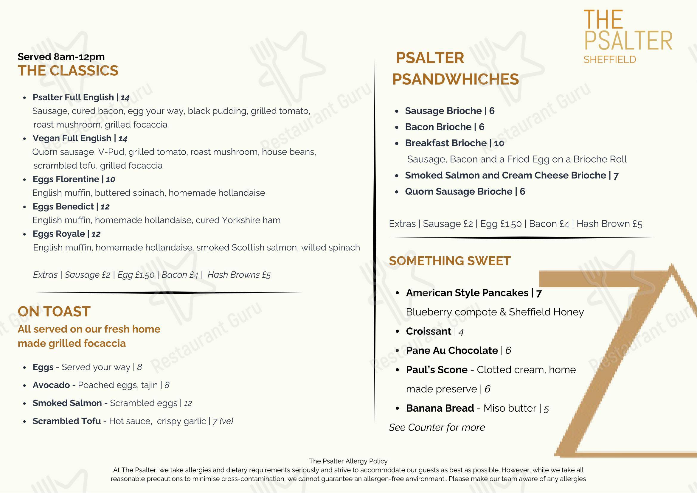 Menu at The Psalter - Hotel & Bar, Sheffield, 178-180 Psalter Ln