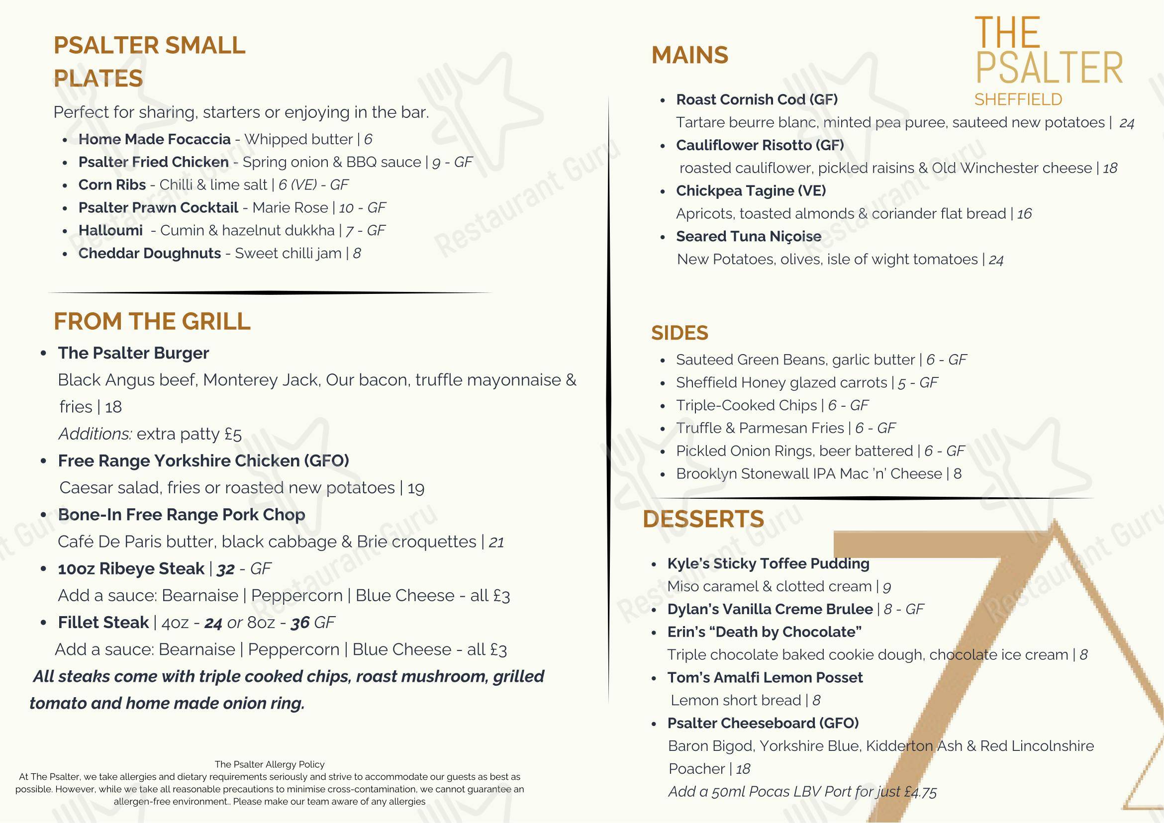 Menu at The Psalter pub & bar, Sheffield, 178-180 Psalter Ln