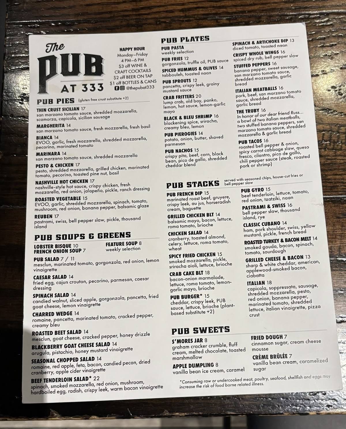 Menu at The Pub at 333, Oakmont