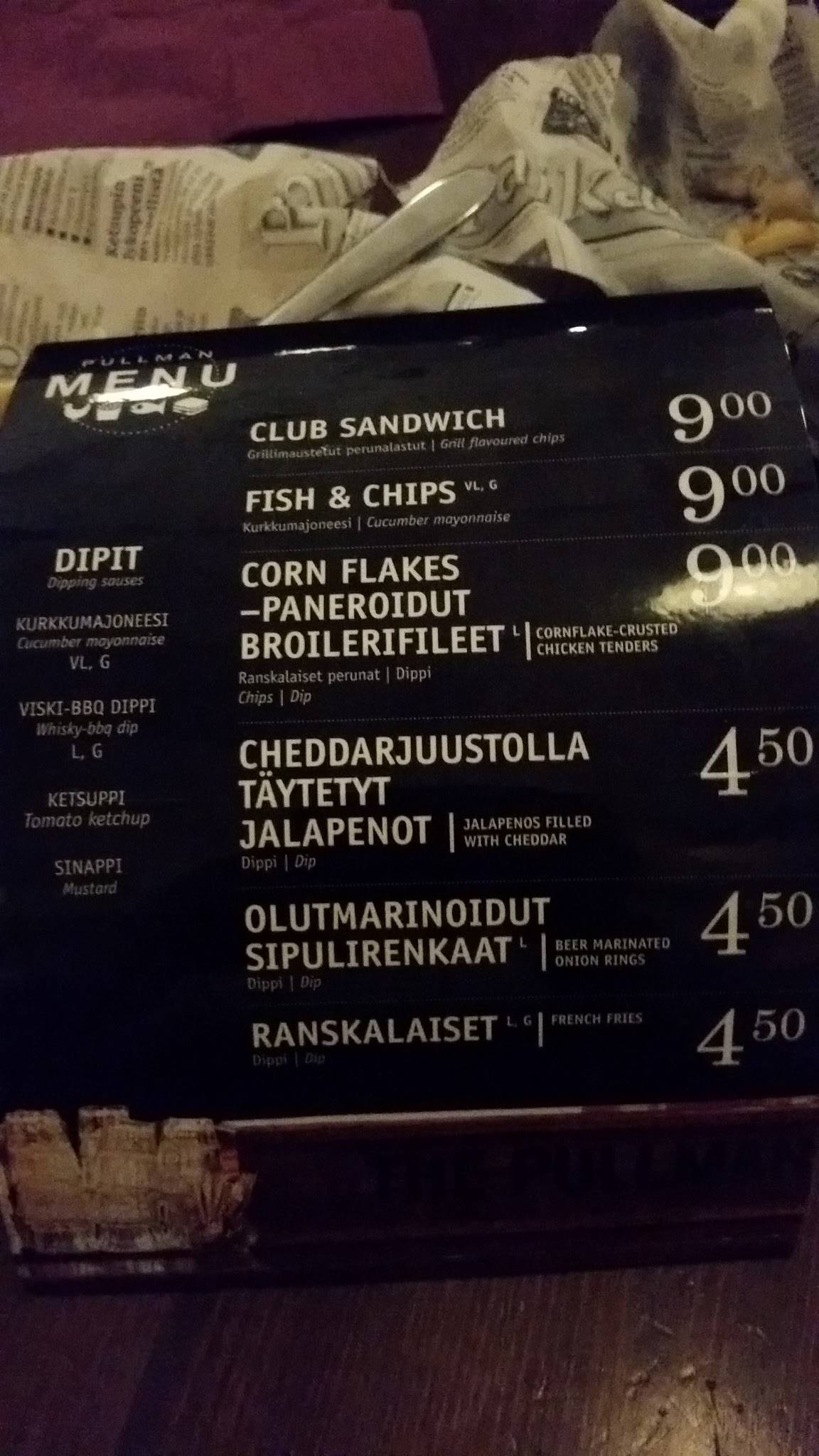 Menu at The Pullman Bar & Lounge, Helsinki, Rautatientori