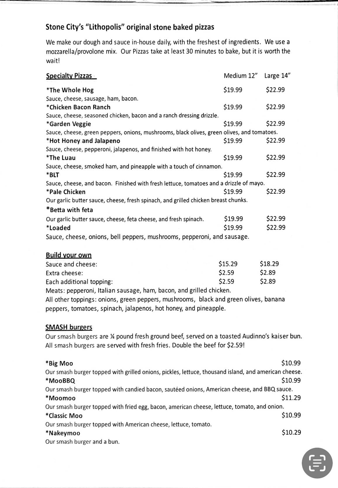 Menu at The Pump House Bar and Pizzeria, Lithopolis
