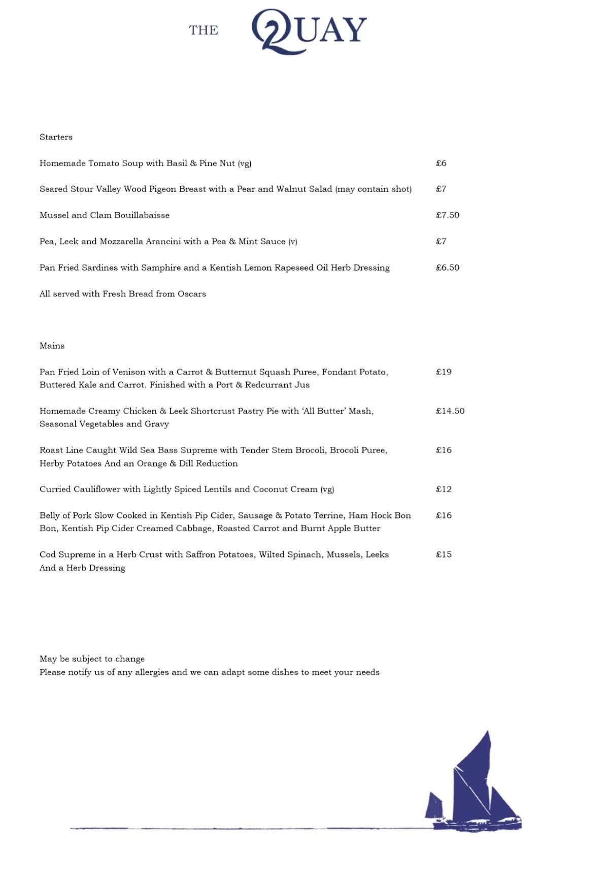 Menu at The Quay pub & bar, Faversham