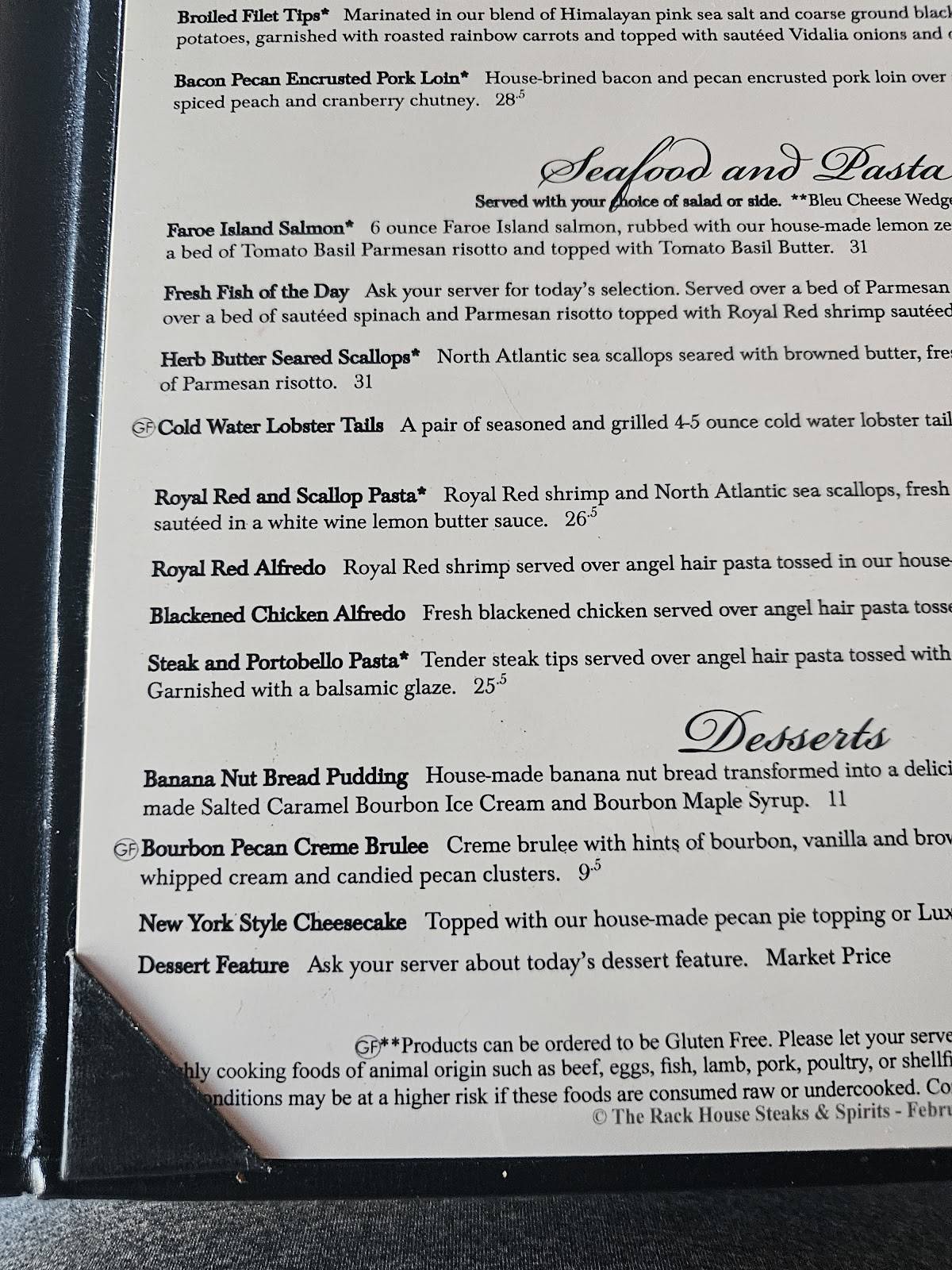 Menu at The Rack House Steak & Spirits steakhouse, Gulfport