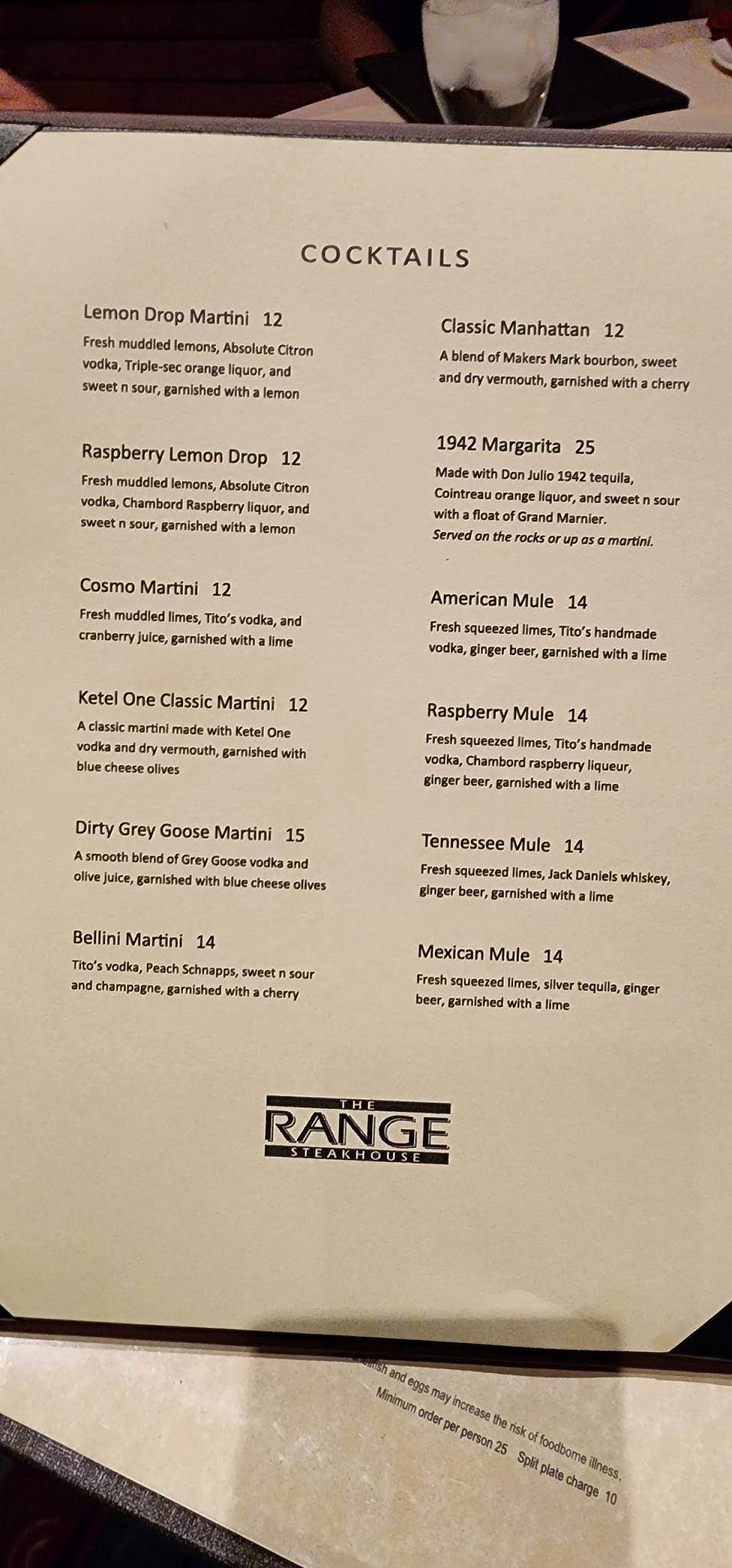 Menu at The Range Steakhouse, Laughlin