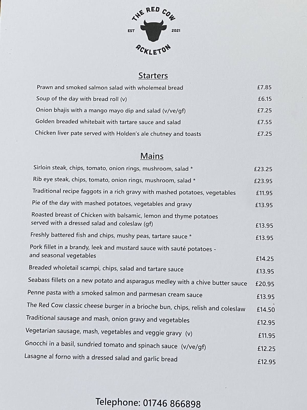 Menu at The Red Cow pub & bar, Ackleton, Stableford Rd