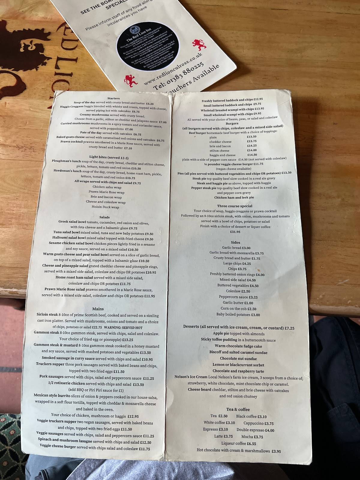 Menu at The Red Lion Inn pub & bar, Culross