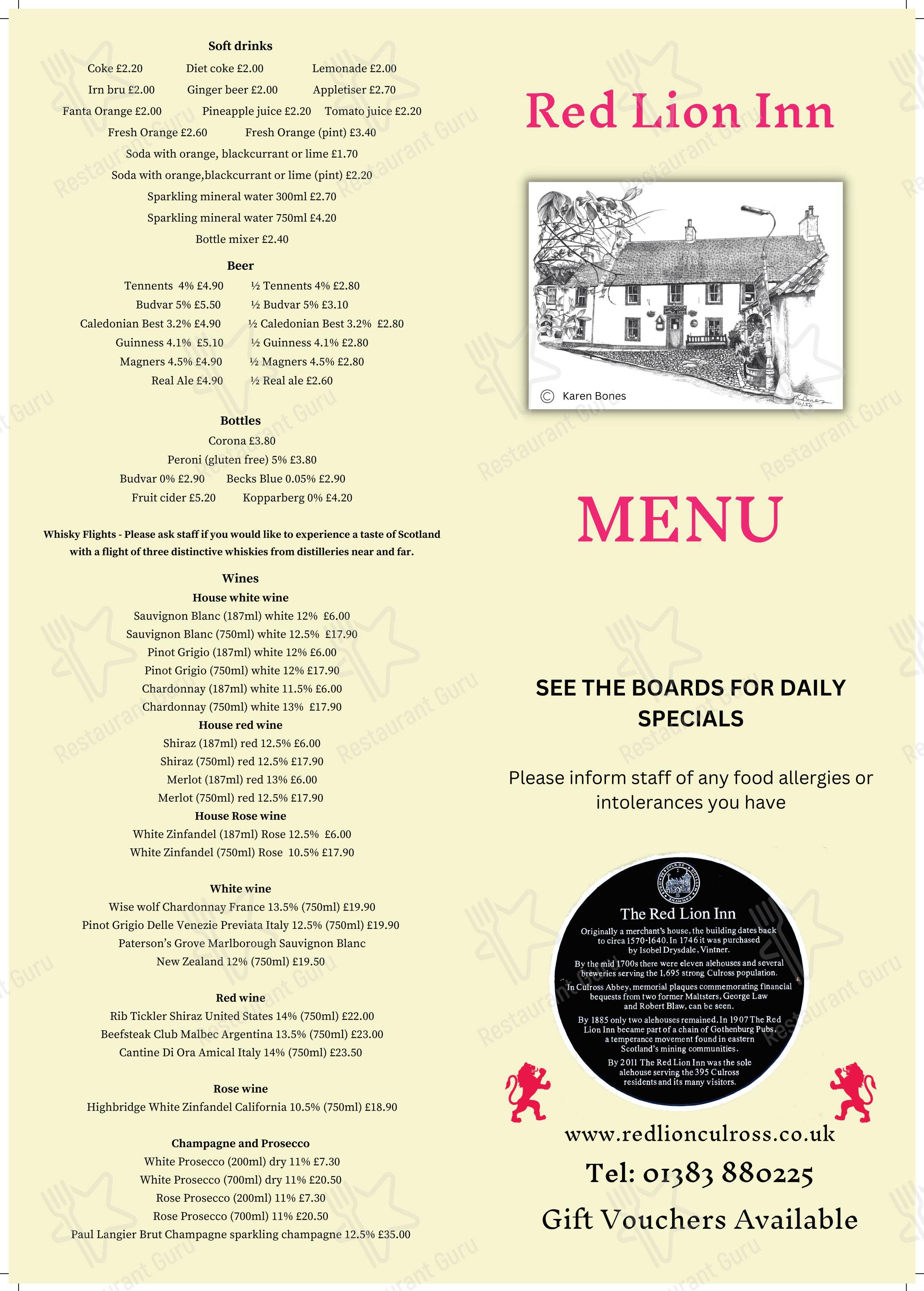 Menu at The Red Lion Inn pub & bar, Culross