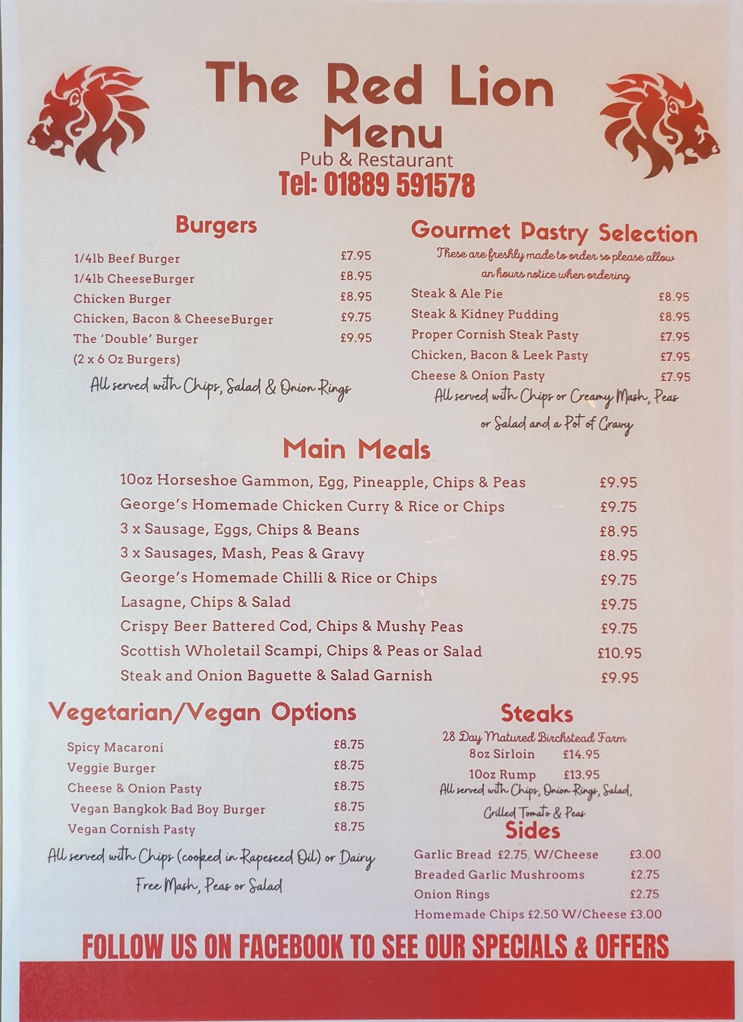 Menu at The Red Lion pub & bar, Uttoxeter, 6 Ashbourne Rd