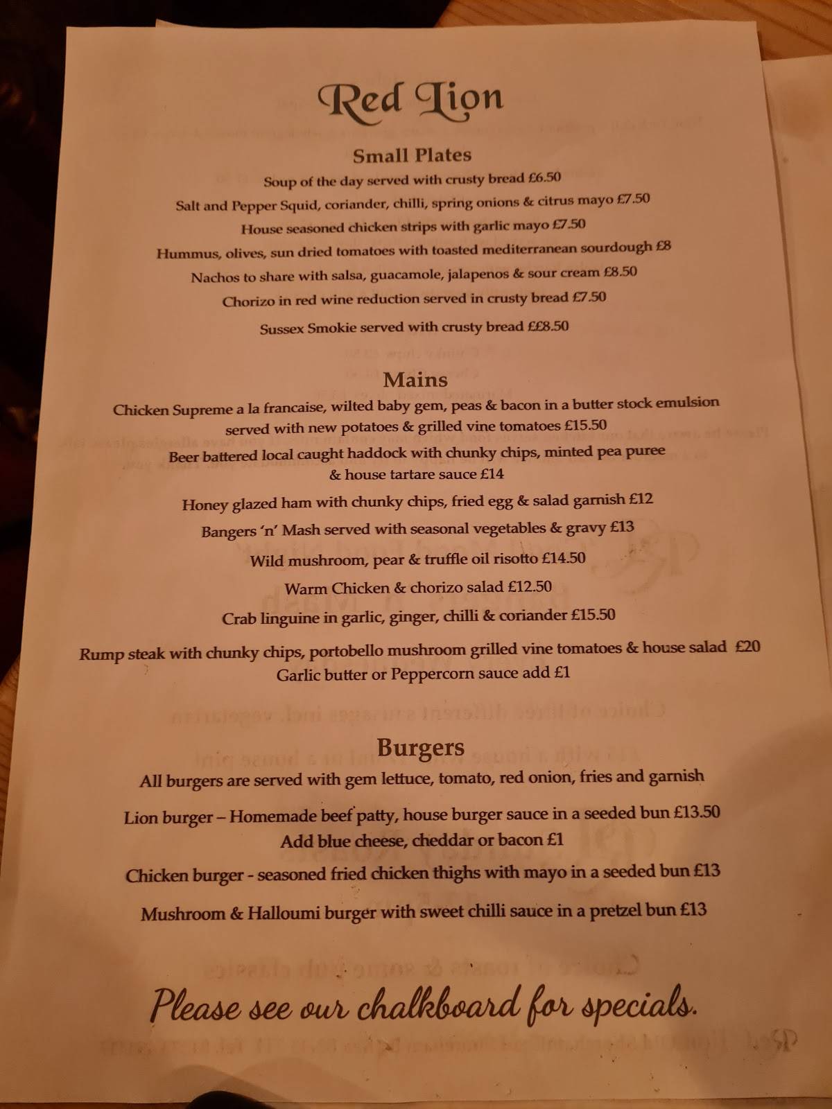 Menu at The Red Lion pub & bar, Shoreham-by-Sea, 200 Old Shoreham Rd