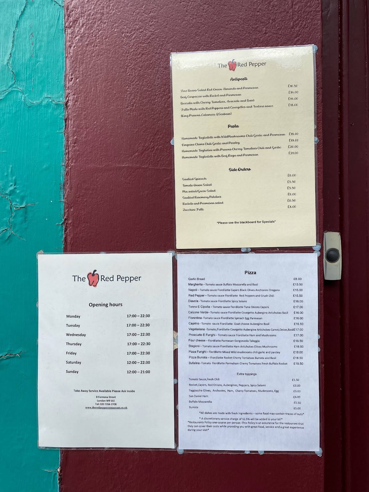 Menu at The Red Pepper restaurant, London, 8 Formosa St