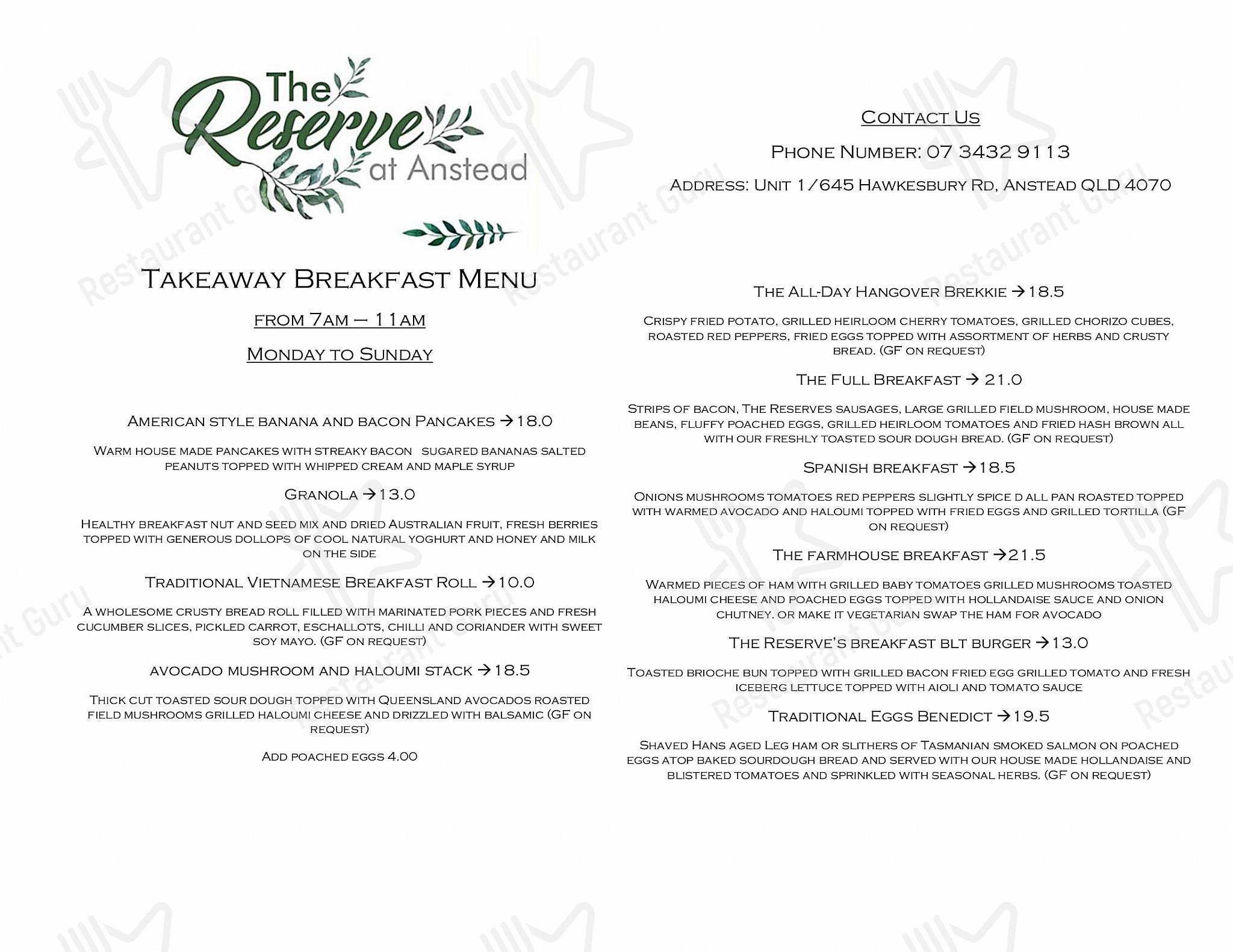 Menu at The Reserve at Anstead cafe, Anstead
