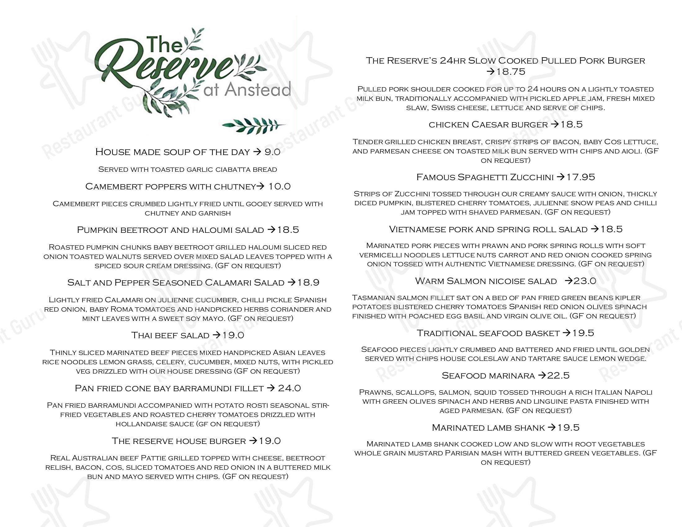 Menu at The Reserve at Anstead restaurant, Anstead