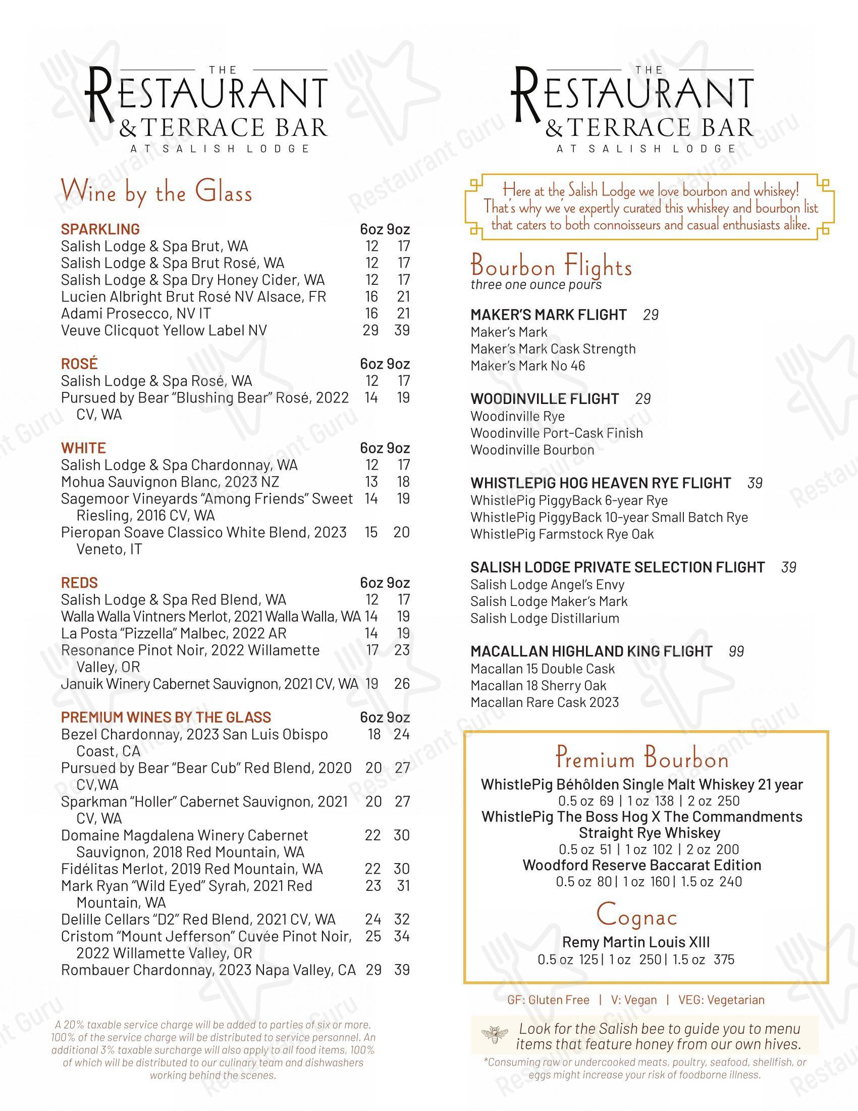 Menu at The Restaurant & Terrace Bar at Salish Lodge, Snoqualmie