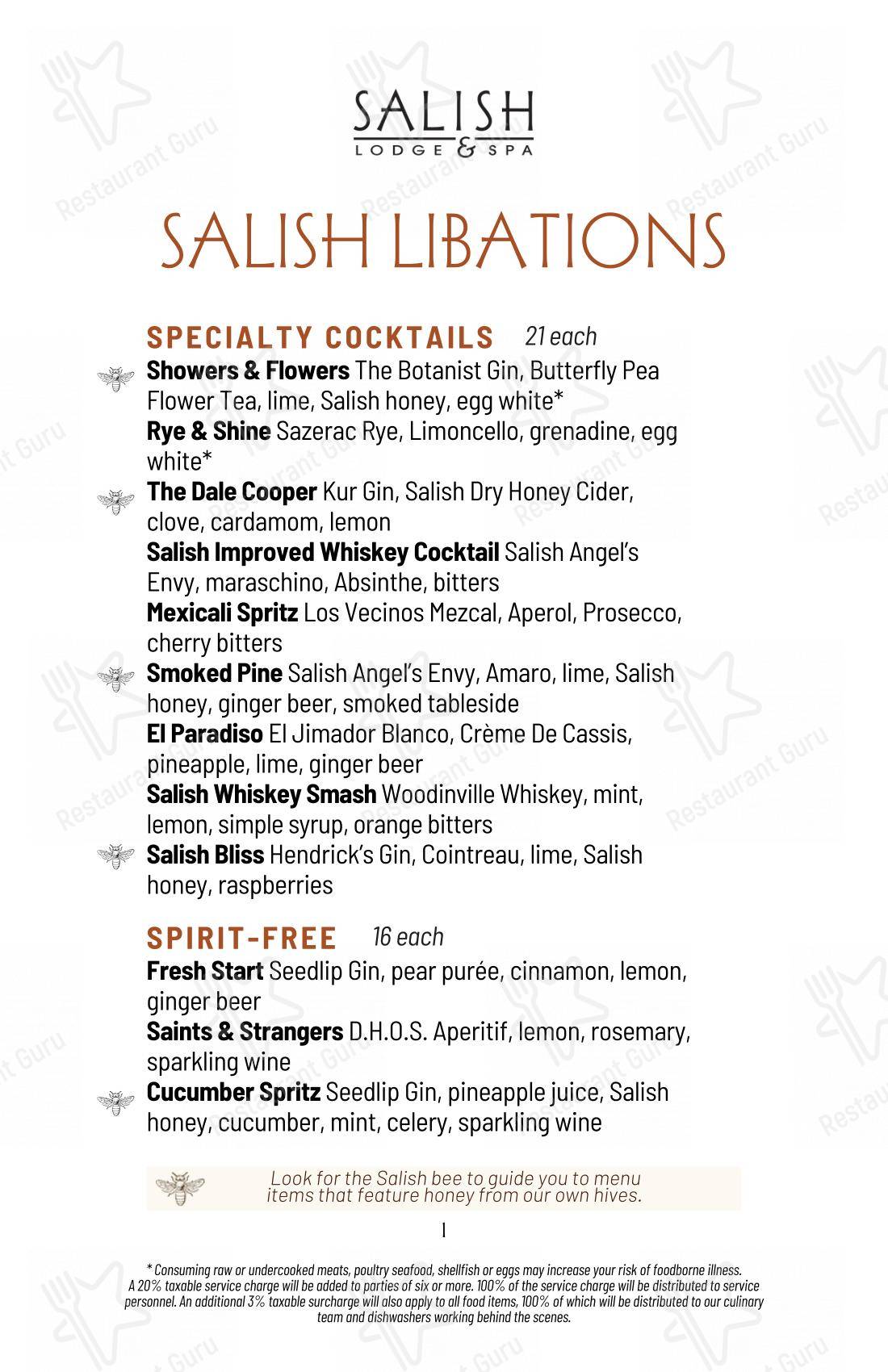 Menu at The Restaurant & Terrace Bar at Salish Lodge, Snoqualmie